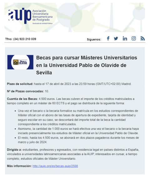 Becas para cursar Másteres Universitarios en la Universidad Pablo de Olavide de Sevilla 2023 ...
